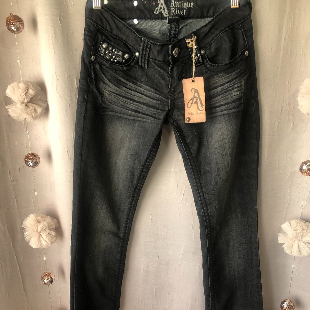 Antique Rivet Black Stretch Embellished Jeans - Gem